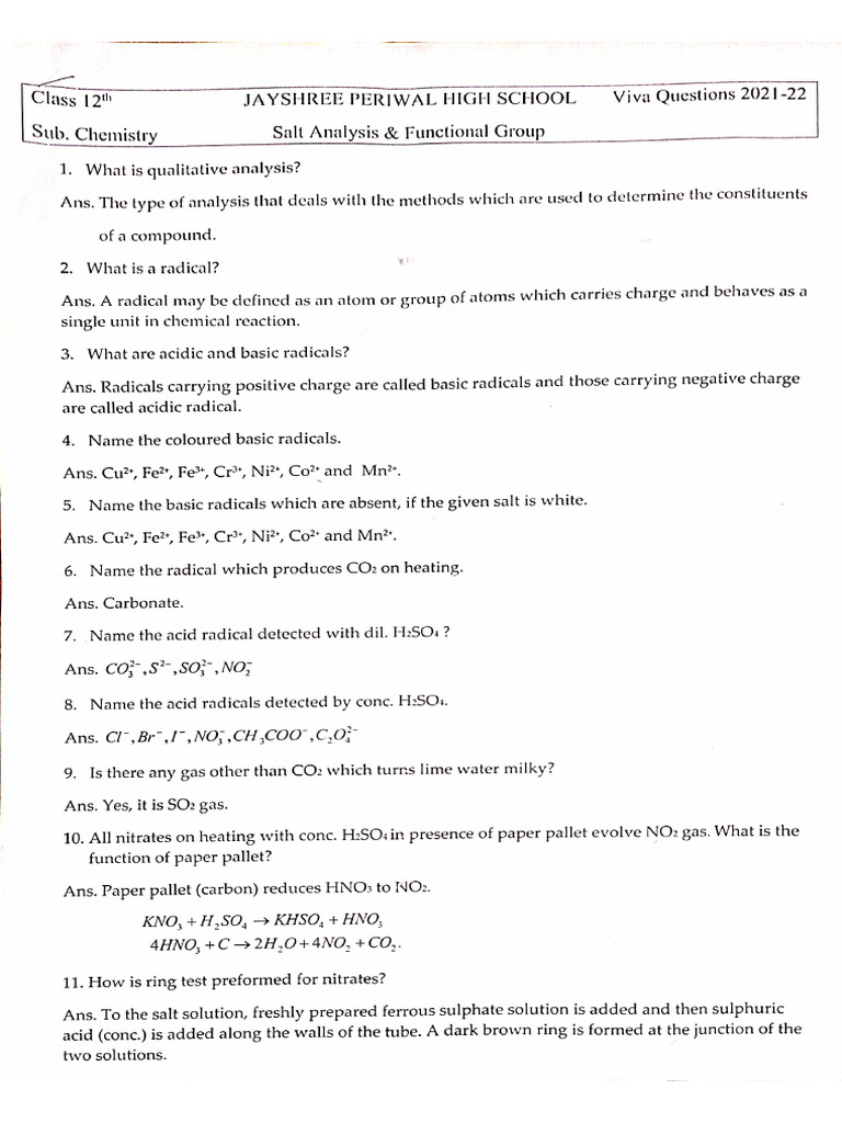 11th - Viva Q., Salt Analysis | PDF