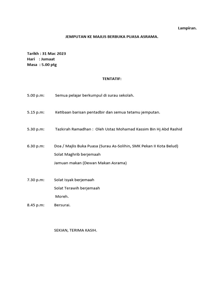 Tentatif Majlis Berbuka Puasa | PDF