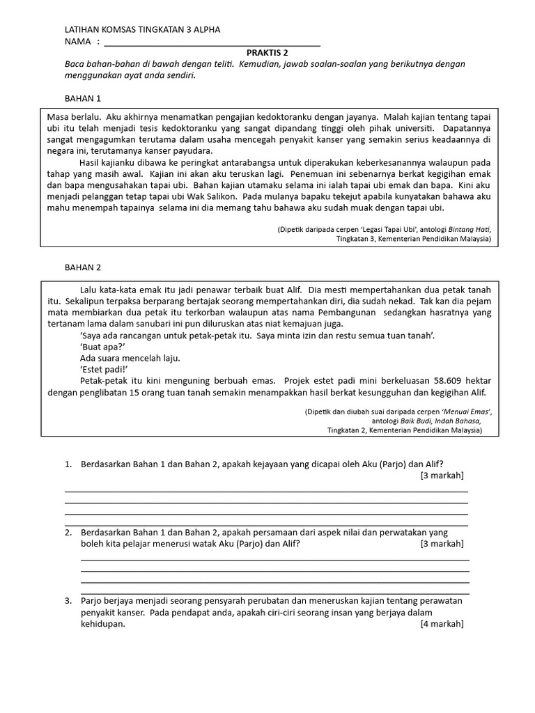 Latihan Komsas Tingkatan 3 Alpha | PDF