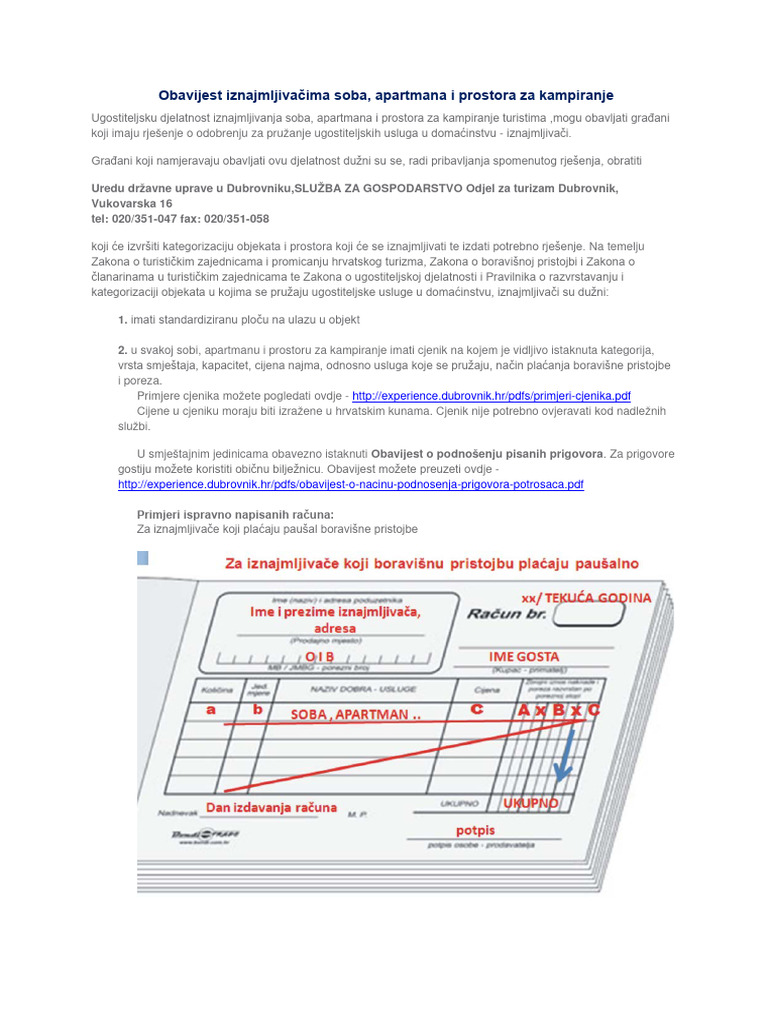 Obavijest Iznajmljivacima Soba | PDF