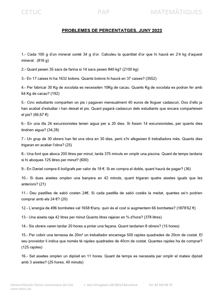 Problemes de Percentatges. Juny 2023 | PDF