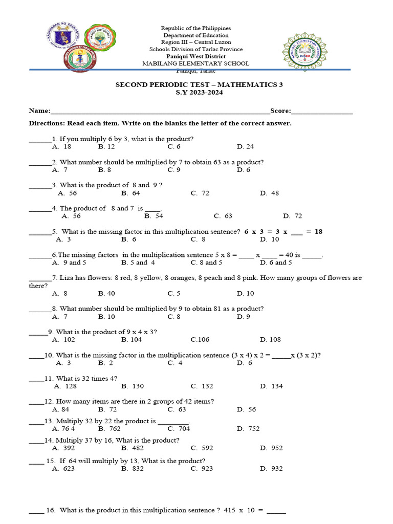 Math 3 2nd Periodic Test | PDF | Multiplication | Mathematics