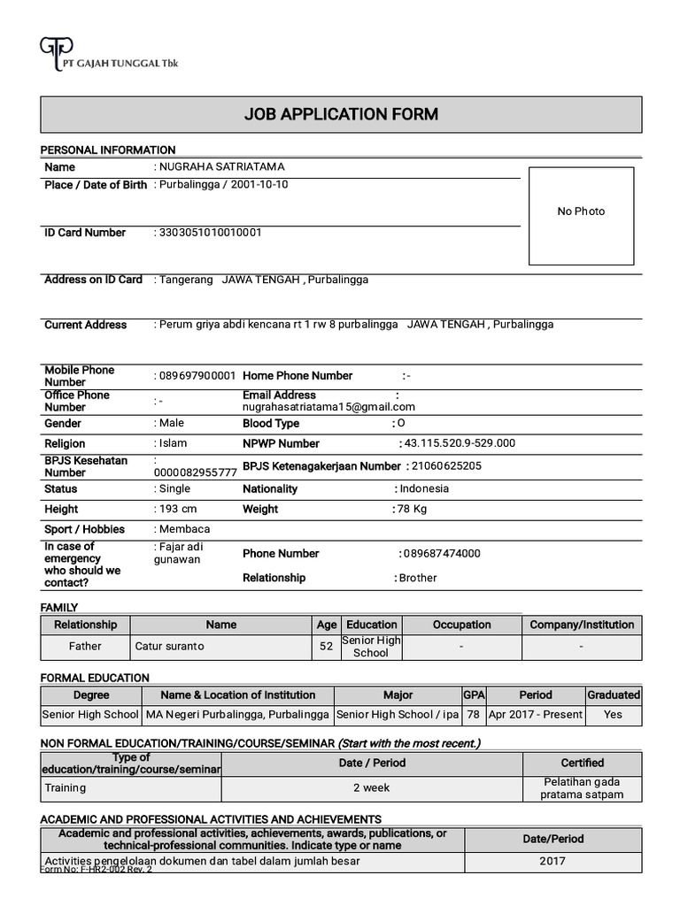 Application Form Gajah Tunggal | PDF