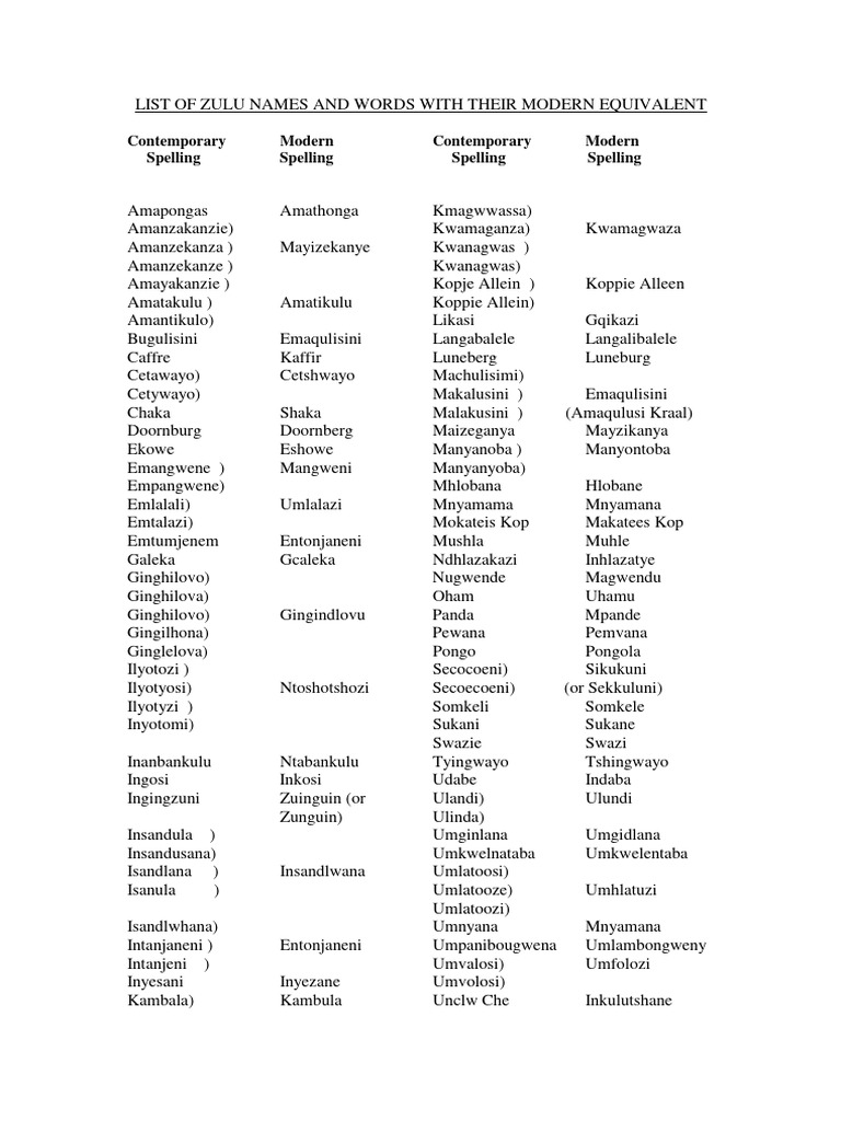 List of Zulu Names and Words With Their Modern Equivalent | PDF | Zulu ...