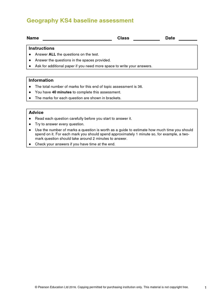 Geog KS4 Baseline Test v1.2 | PDF