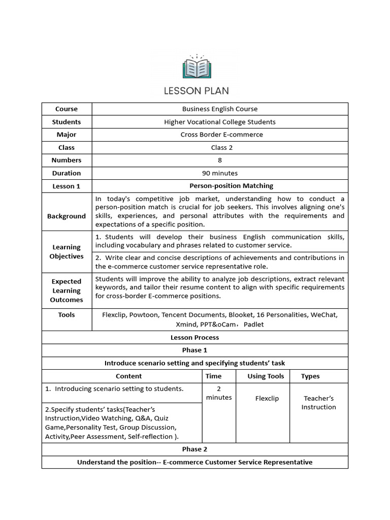 Lesson Plan 1 Person-Position Matching | PDF | Experience | Learning