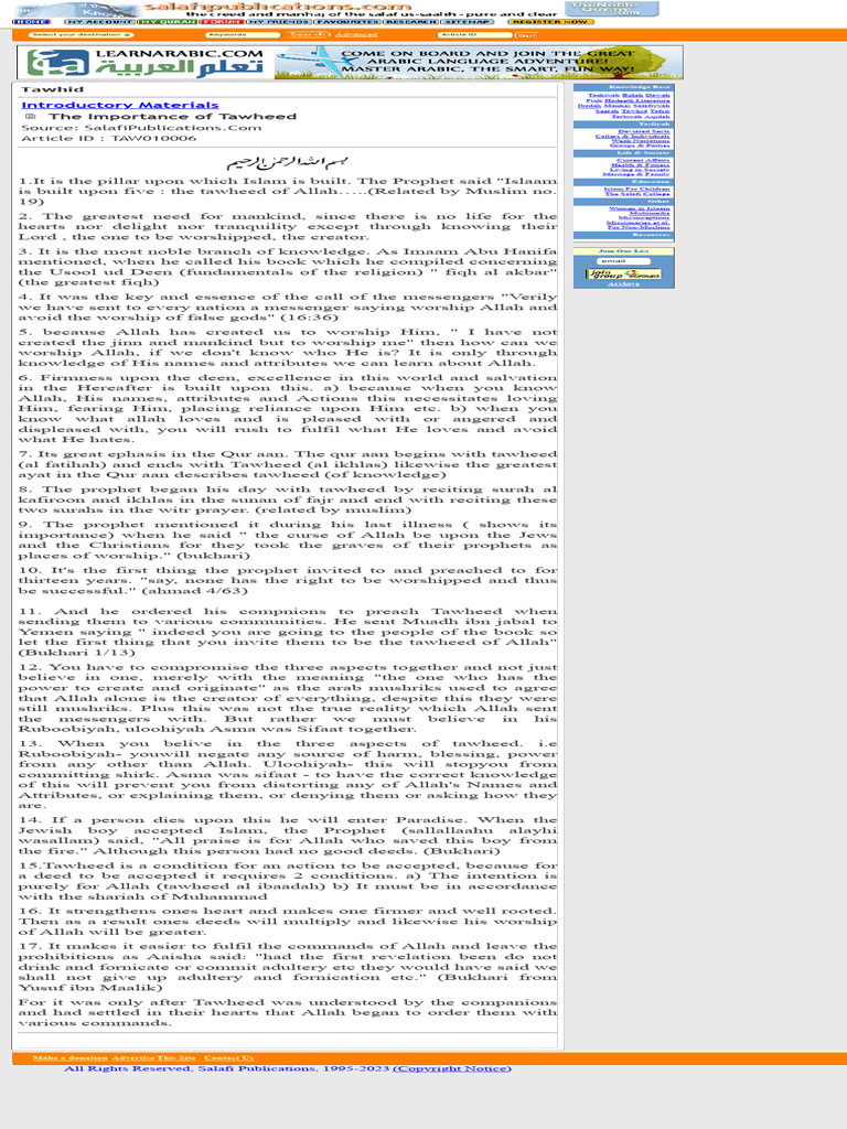 Salafi Publications The Importance of Tawheed | PDF | Tawhid | Prophets And Messengers In Islam