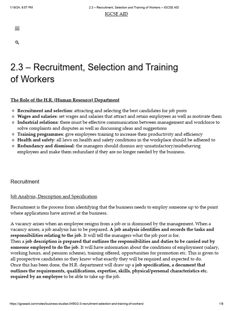 2.3 - Recruitment, Selection and Training of Workers - IGCSE AID | PDF