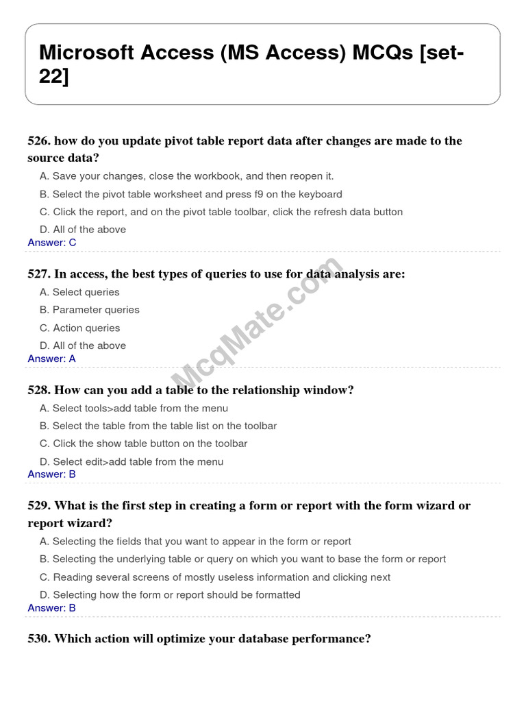 Microsoft Access (MS Access) Solved MCQs (Set-22) | PDF | Relational Database | Microsoft Access