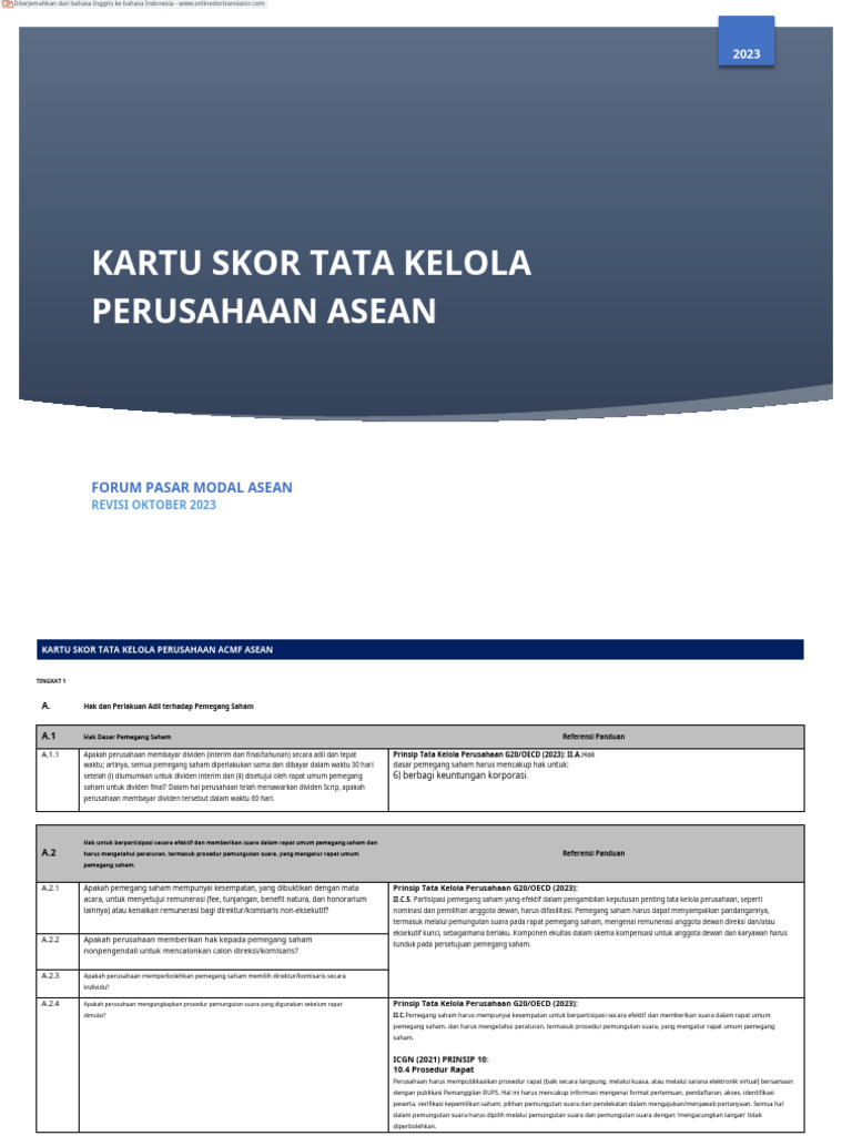 ASEAN Corporate Governace Scorecard Revised 2023.en - Id | PDF