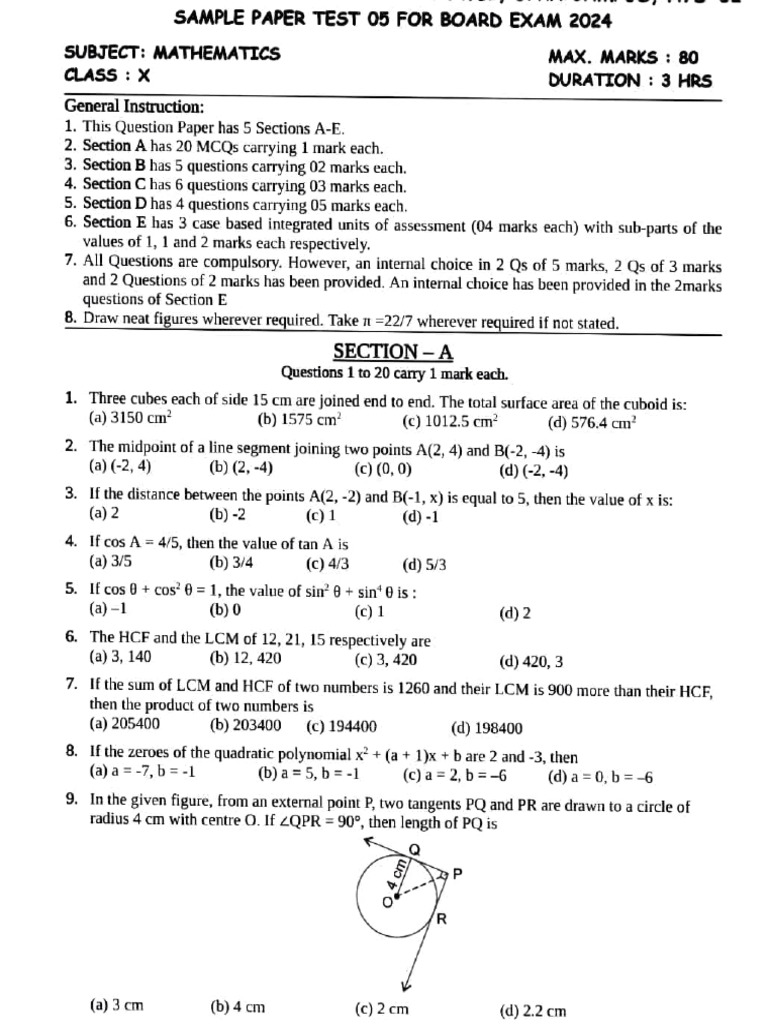 10 Math Sample Paper-5 | PDF | Area | Circle