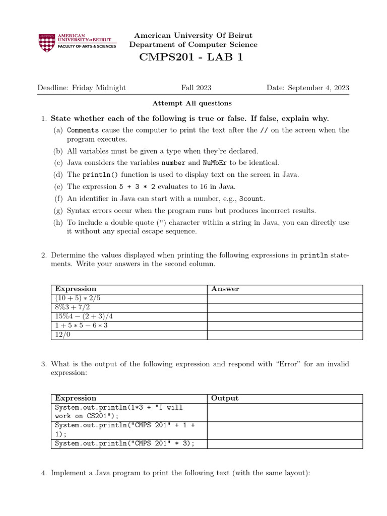 Cmps201 Lab 1 | PDF | Variable (Computer Science) | Java (Programming Language)