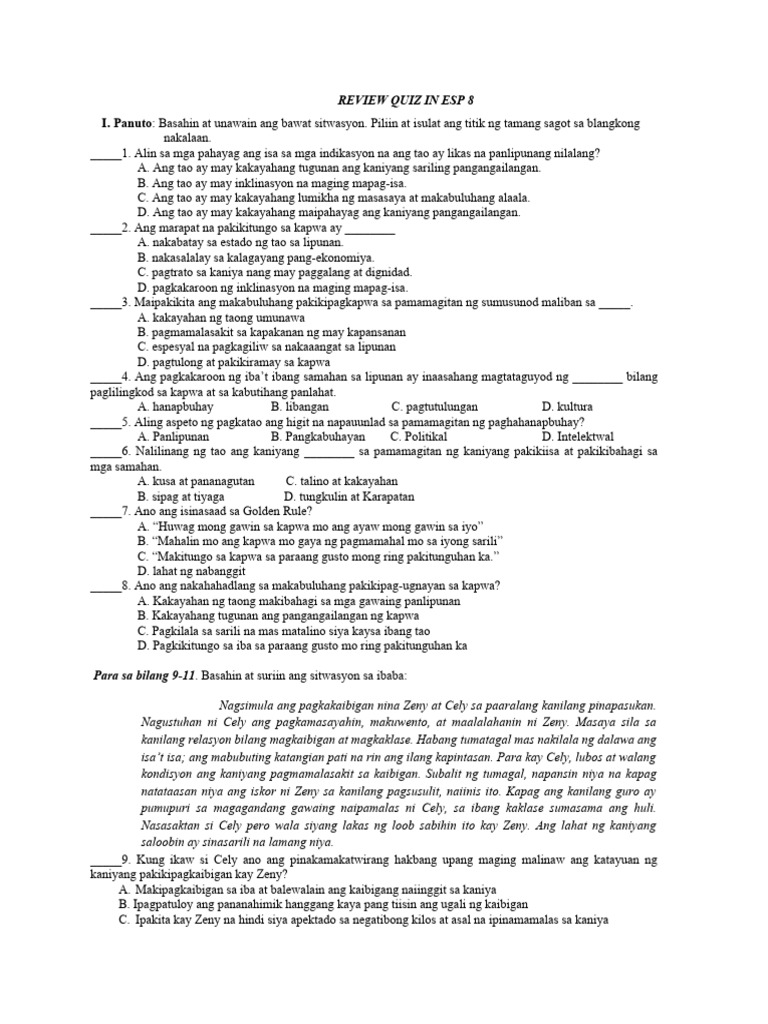 Review Quiz in Esp 8 | PDF