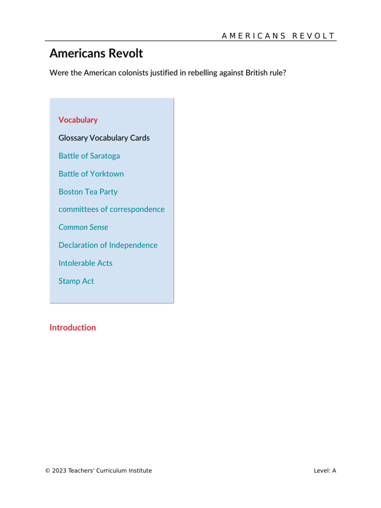 American Revolt Reading TCI | PDF | United States Declaration Of ...