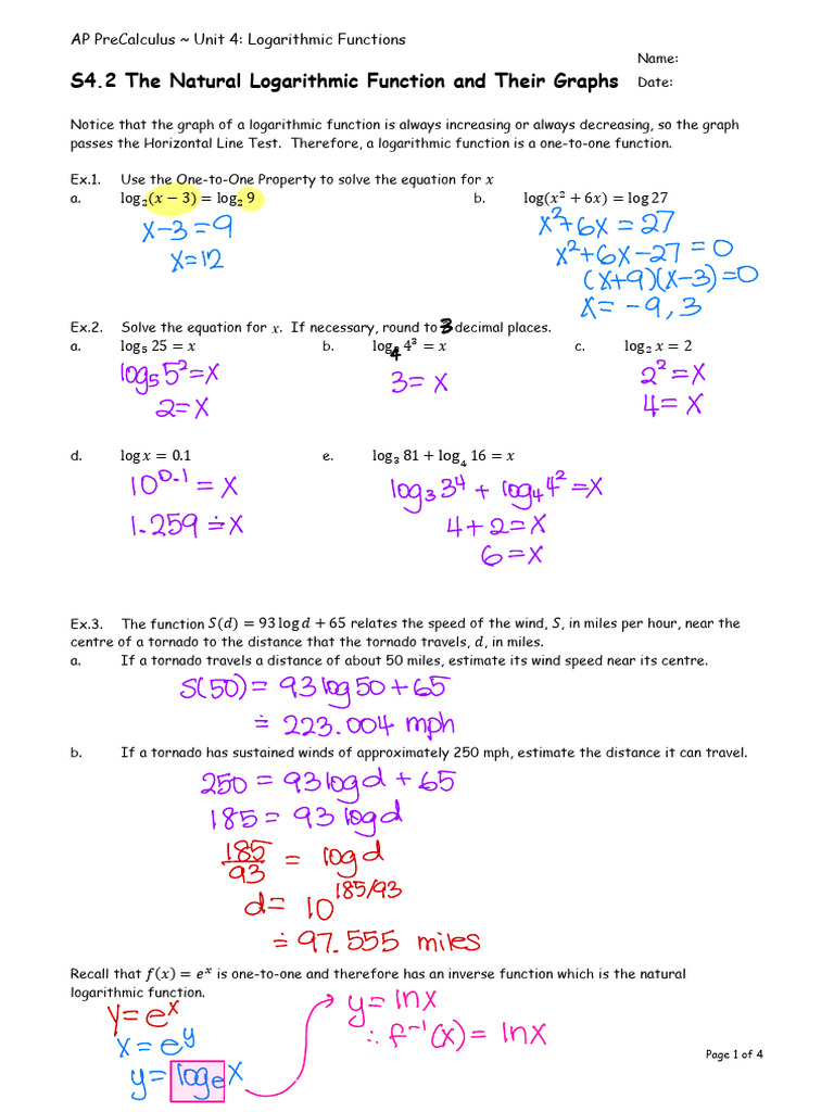S4.2 The Natural Logarithmic Function and Their Graphs Sol | PDF