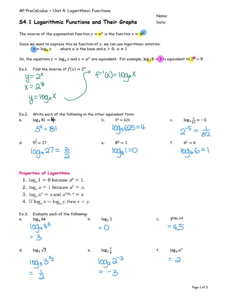 S4.1 | PDF | Logarithm | Function (Mathematics)