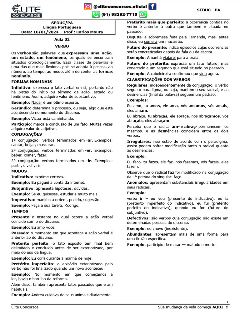Aula02 Portugus Verbo Seduc Noite T05!16!01 2024 | PDF | Morfologia linguística | Gramática