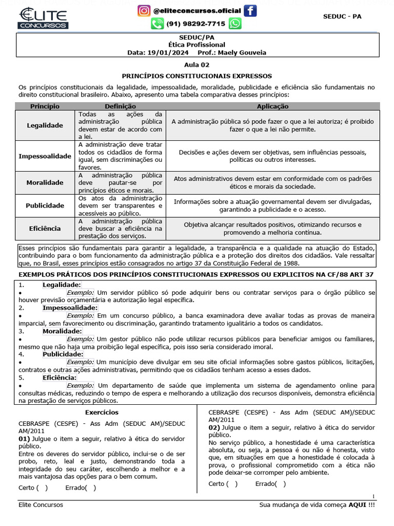 Aula02 Tica Profissional Princpios Constitucionais Expressos SEDUC PA Noite T02!19!01 2024 | PDF ...