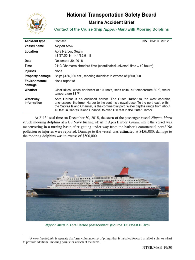 NTSB Contact of Cruise Ship Nippon Maru With Mooring Dolphins 2019 - 11 | PDF | Shipping | Water ...