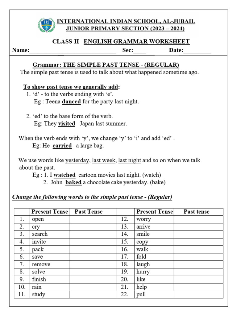 Class 2 English - Grammar Worksheet (The Simple Past Tense) | PDF