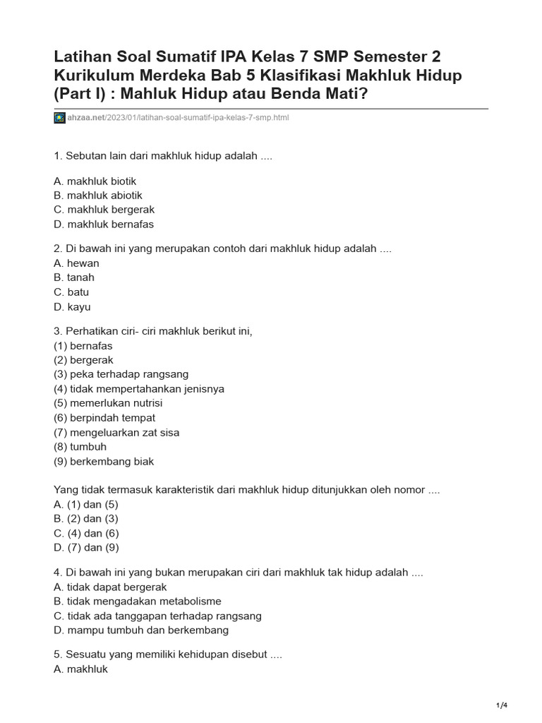 Latihan Soal Sumatif IPA Kelas 7 SMP Semester 2 Kurikulum Merdeka Bab 5 Klasifikasi Makhluk ...