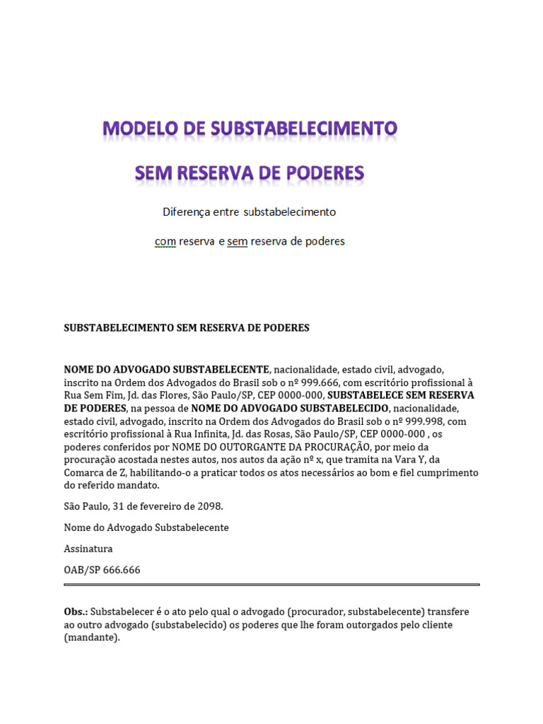 Modelo Substabelecimento Sem Reserva de Poderes | PDF