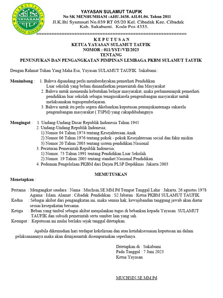 Sk Pengangkatan Ketua Pkbm Sulamut Taufik Pdf Ilmu Sosial