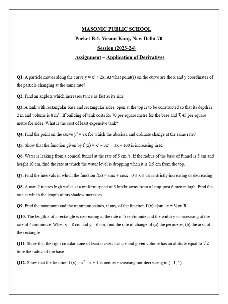 Class 12 Application of Derivatives Assignment | PDF | Area | Triangle