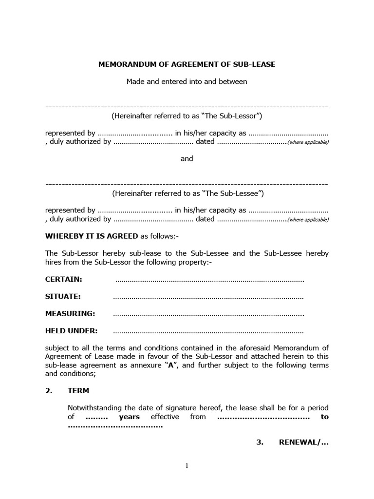 Sub-lease Template for Temo Letlotlo-1 | PDF | Lease | Breach Of Contract