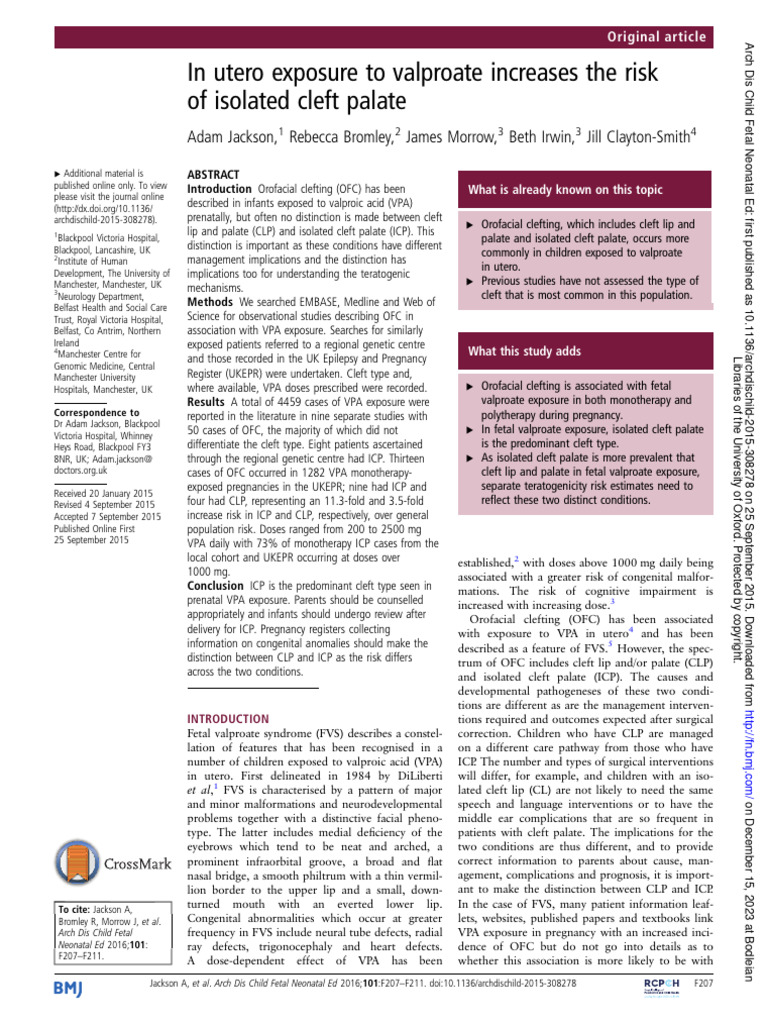 In Utero Exposure To Valproate Increases The Risk of Isolated Cleft ...