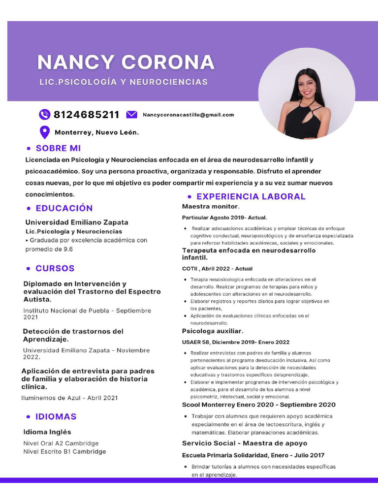 Nancy Corona - Lic. Psicología y Neurociencias (CV) | PDF