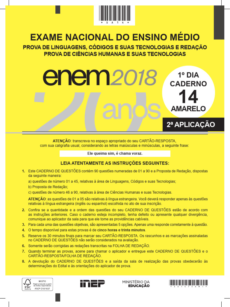 Instruções para Prova do Enem: Linguagens e Ciências Humanas | PDF ...