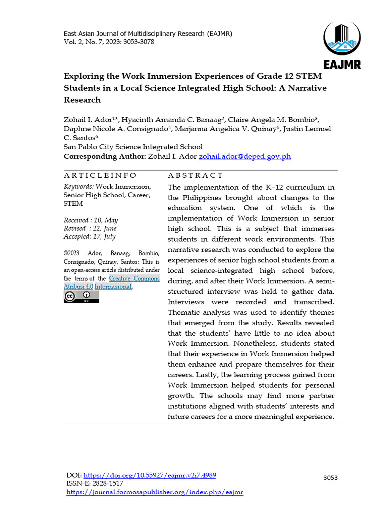 Exploring The Work Immersion Experiences of Grade 12 STEM Students in A Local Science Integrated ...