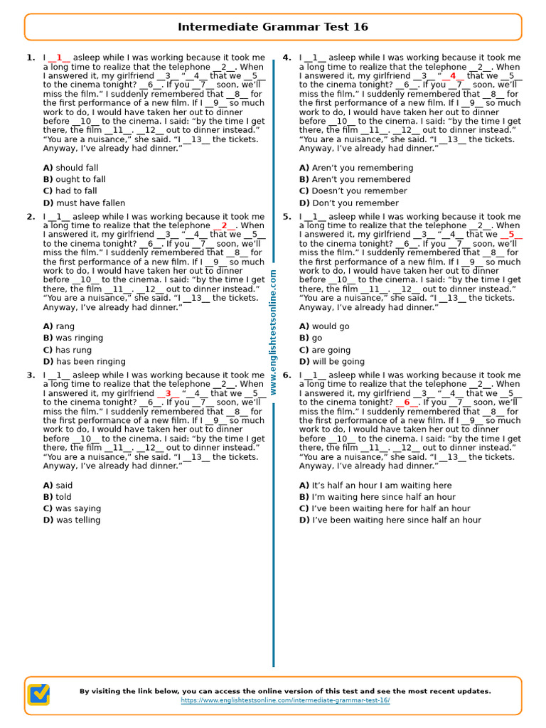 Intermediate Grammar Test 16 | PDF