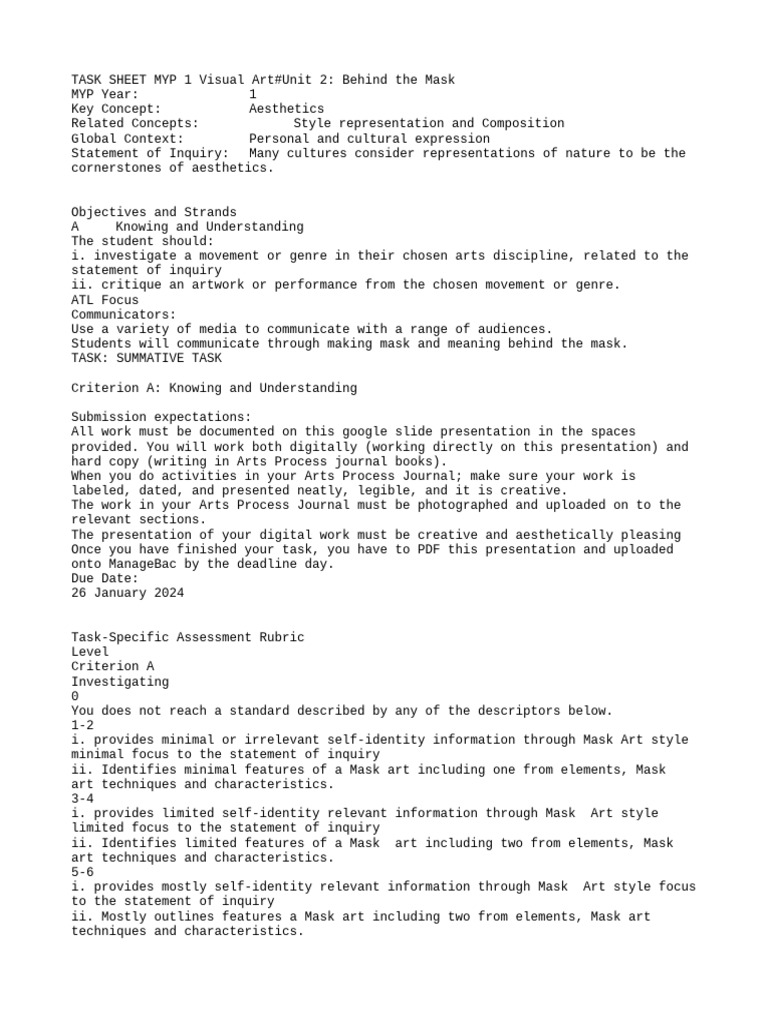 VA MYP1 U2 Task 1.2 Knowing Understanding Mask Art Student S Name | PDF ...