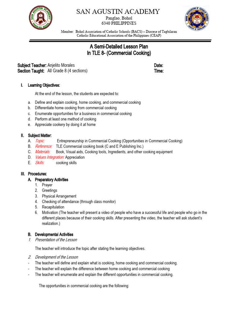 Learning Plan 2 | PDF | Cooking | Teachers
