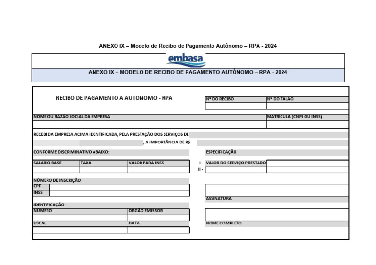 ANEXO IX - Modelo de Recibo de Pagamento Autônomo - RPA 2024 | PDF