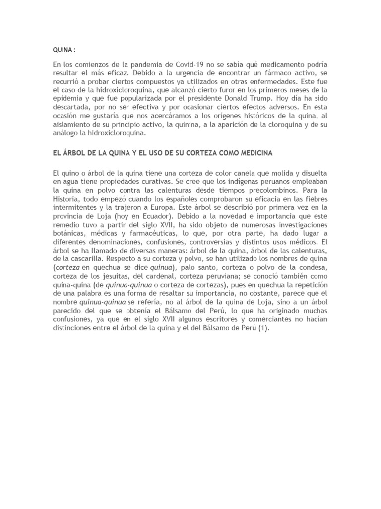 Quina:: El Árbol de La Quina Y El Uso de Su Corteza Como Medicina | PDF