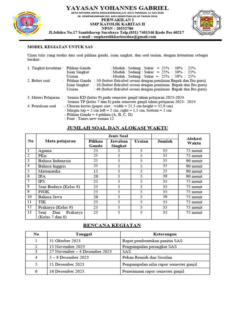 Jadwal SAS Ganjil SMP Karitas 2 | PDF