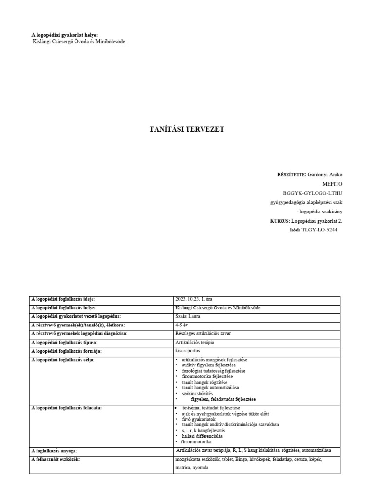 Tanítási Tervezet - Logopédia Gy 2 | PDF