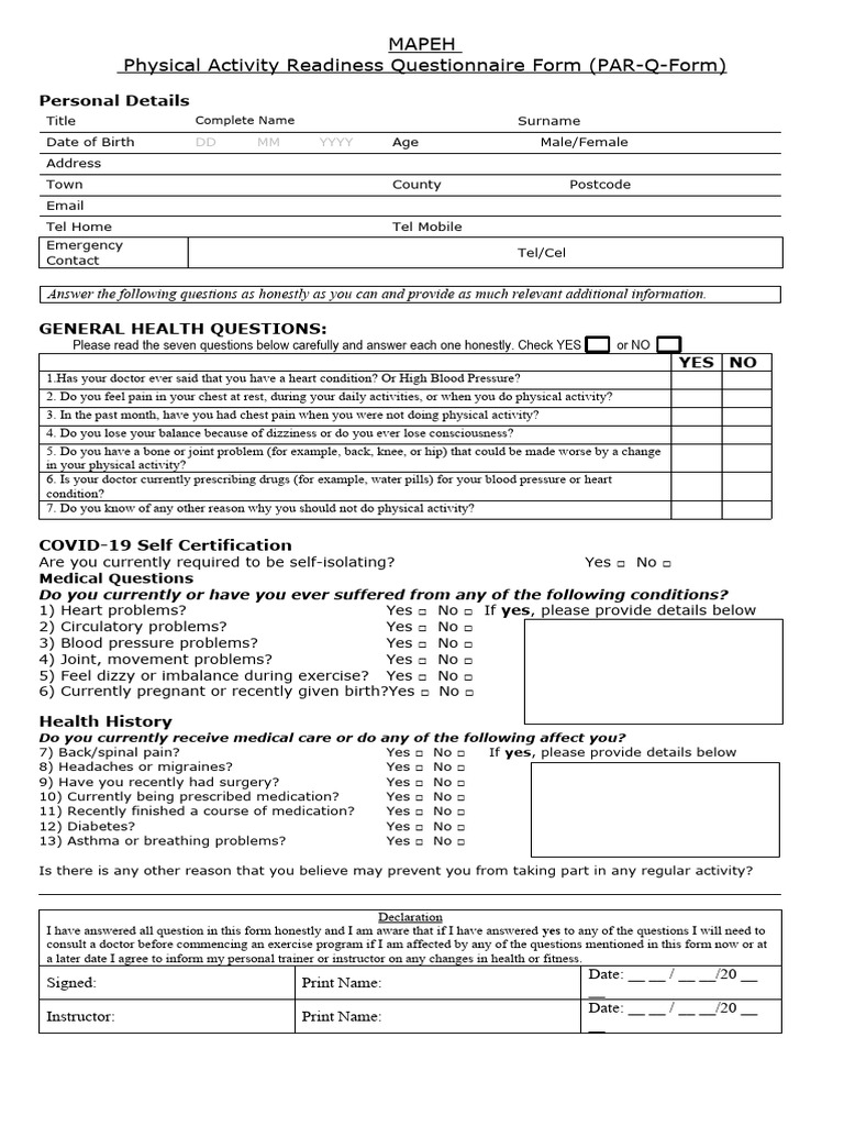 PAR Q FORM (Pre Activity Readiness Questionnaire) with COVID-19 [FINAL ...