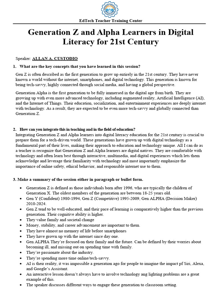 Gen Z & Alpha: Digital Literacy Insights | PDF | Learning | Educational ...