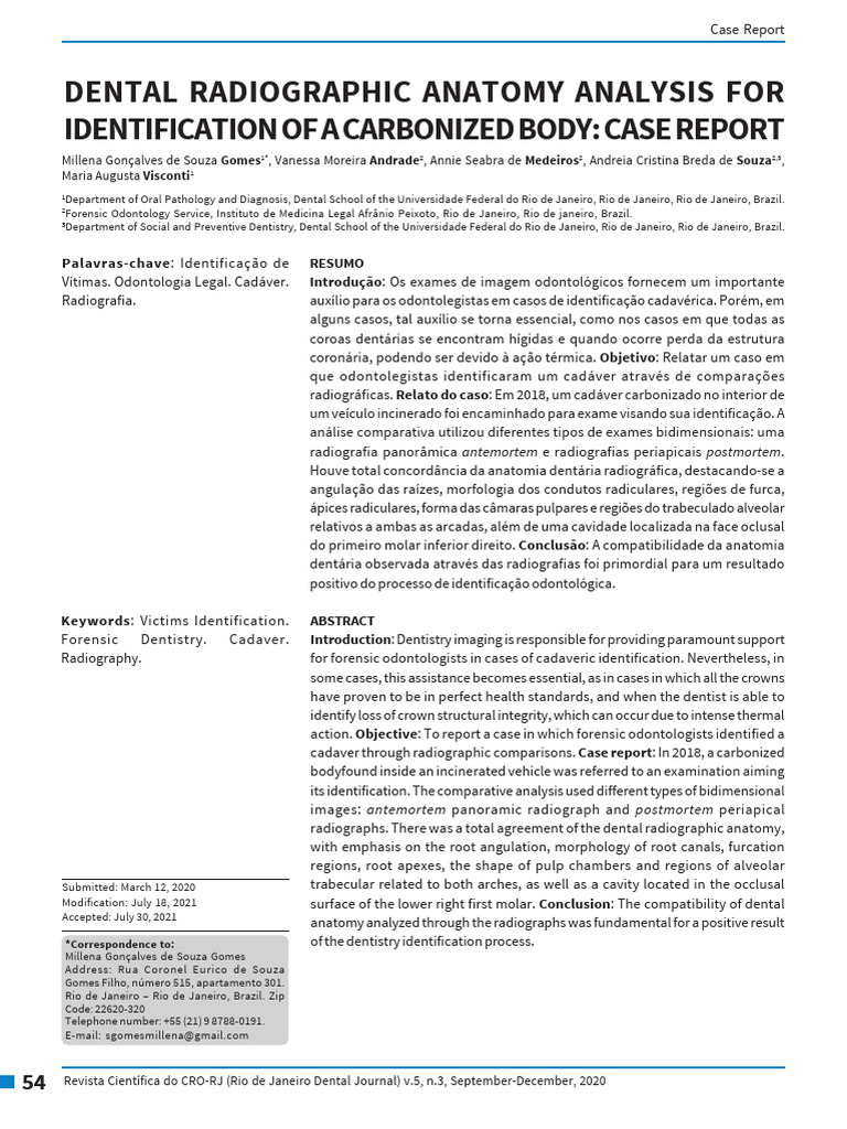 Dental Radiographic Anatomy Analysis For Identification of A Carbonized ...