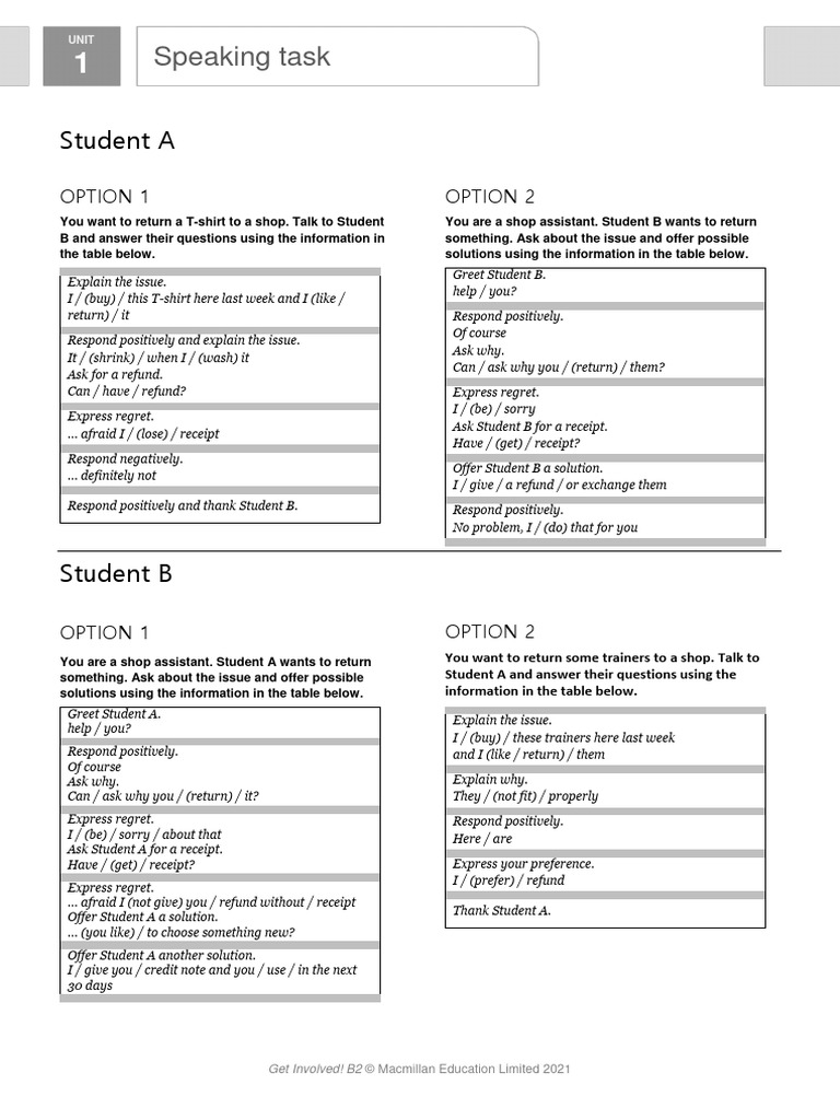 GI B2 U1 Test Speaking Task | PDF