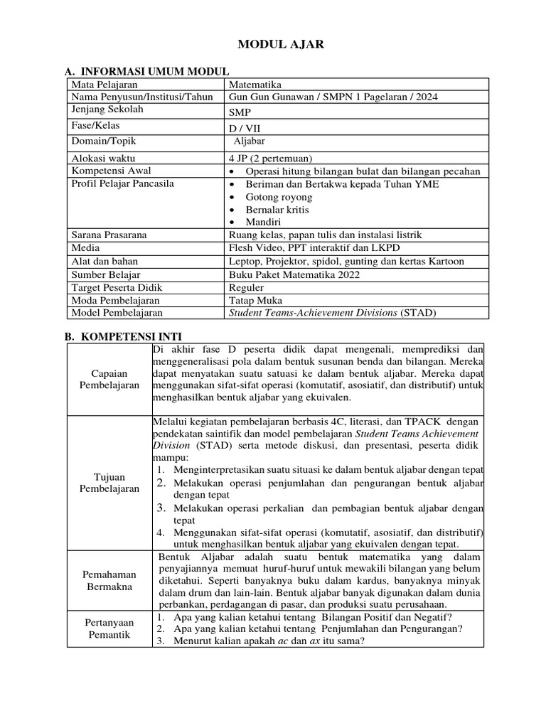Modul Ajar Aljabar - Gun Untuk PPL Siklus 2 | PDF