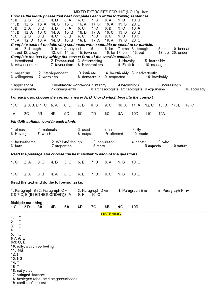 1.Mixed Exercises for 11e No10-Key | PDF | Language Mechanics | Linguistics