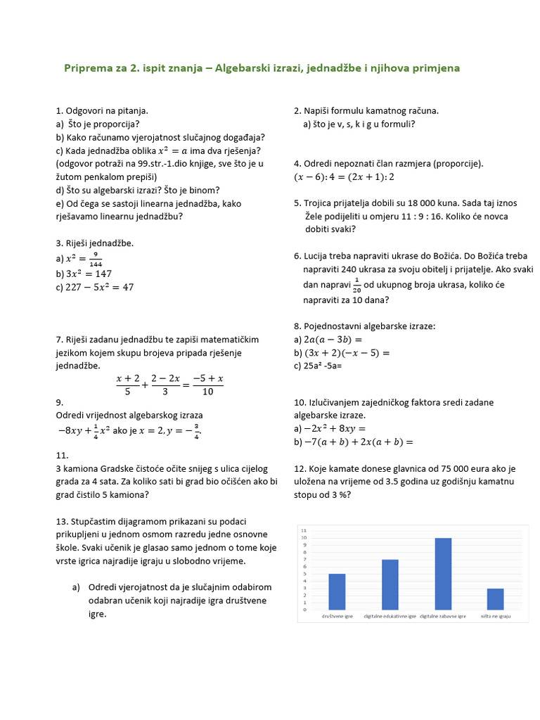 Priprema Za 2.IZ-Algebarski Izrazi, Linearne Jednadžbe I Njihova Primjena, 8.r | PDF