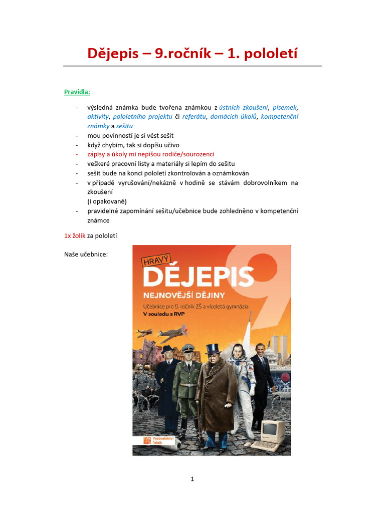 Dejepis 9. Rocnik 1. Pololeti 5 | PDF