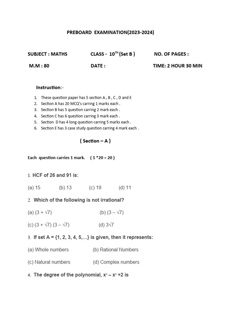 10th Maths Pre Board | PDF | Quadratic Equation | Mathematics