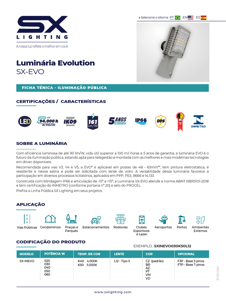 US BR Datasheet SX EVO Luminaria Evolution | PDF | Eletricidade | Eletromagnetismo